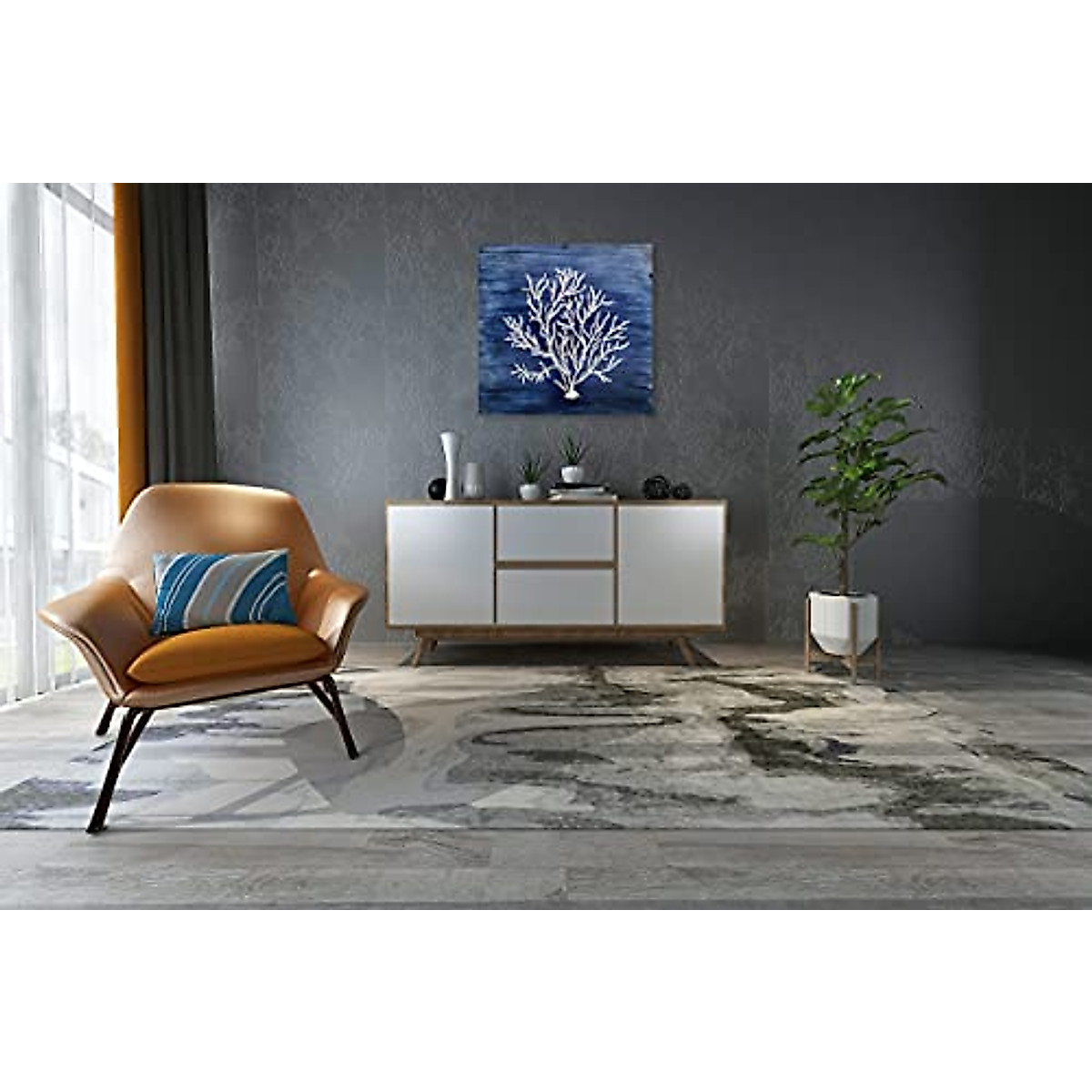 Yihui Arts Nautical Canvas Wall Art Hand Painted Navy Blue and White Coastal Painting Modern Abstract Tree Artwork for Living Room Bedroom Hall Way Decor