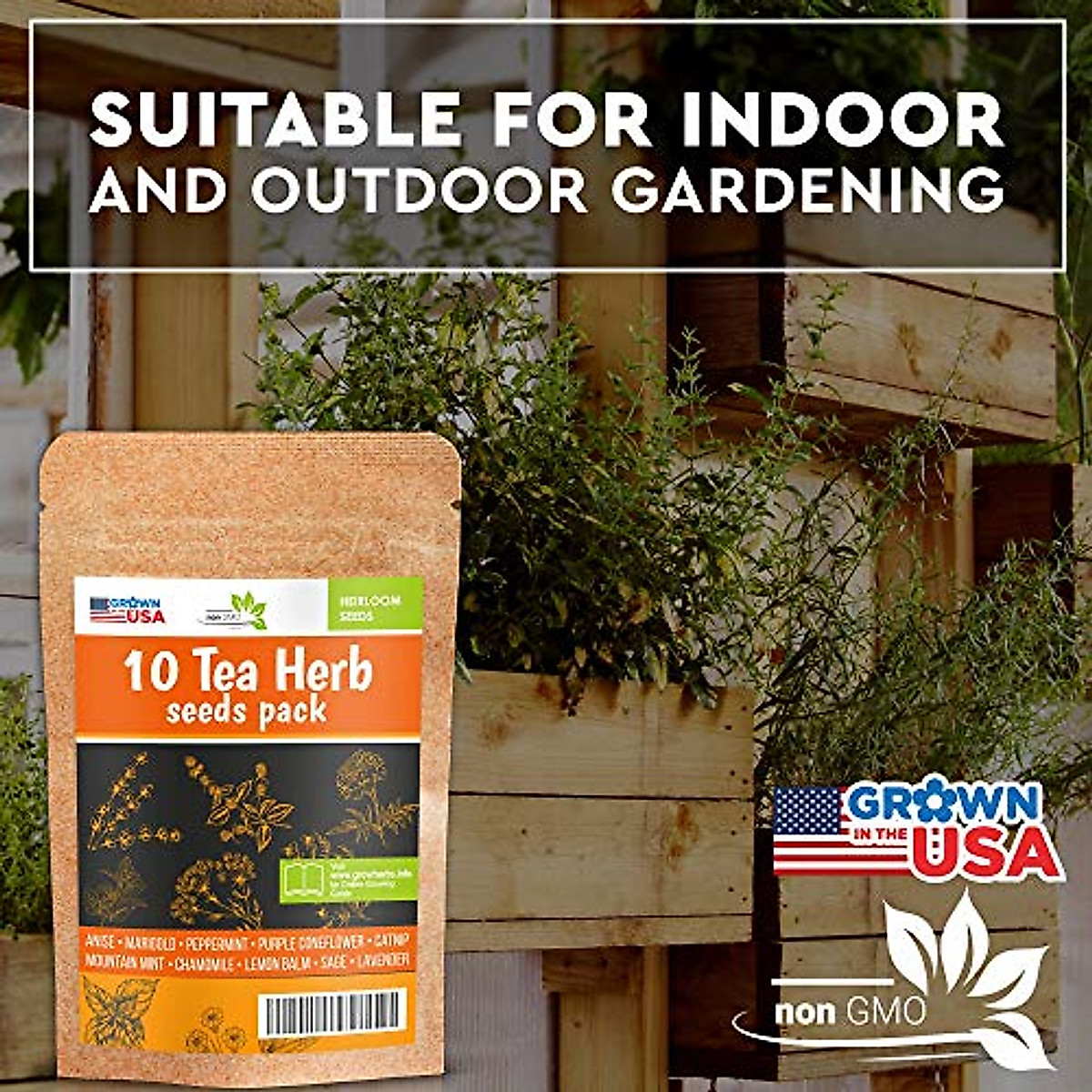 10 Herbal and Medical Tea Seeds Pack - Heirloom and Non GMO, Grown in USA - Indoor or Outdoor Garden - Chamomile, Lavender, Mint, Lemon Balm, Catnip, Peppermint, Anise, Coneflower Echinacea & More