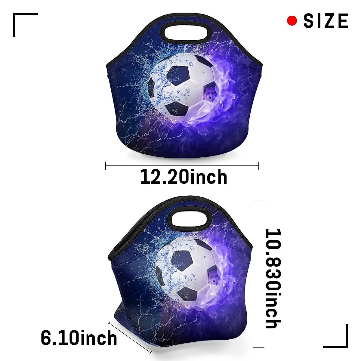 Insulated Neoprene Lunch Bag for Women Men Kids Purple Soccer Ball Sport Football Lunch Box Reusable Small Lunch Tote Bag Cooler Bag for School Work Picnic