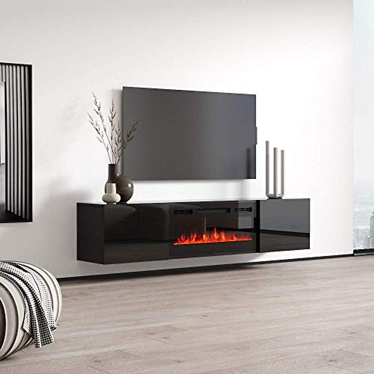 Meble Furniture Cali EF Wall Mounted Electric Fireplace Modern 72" TV Stand - Black