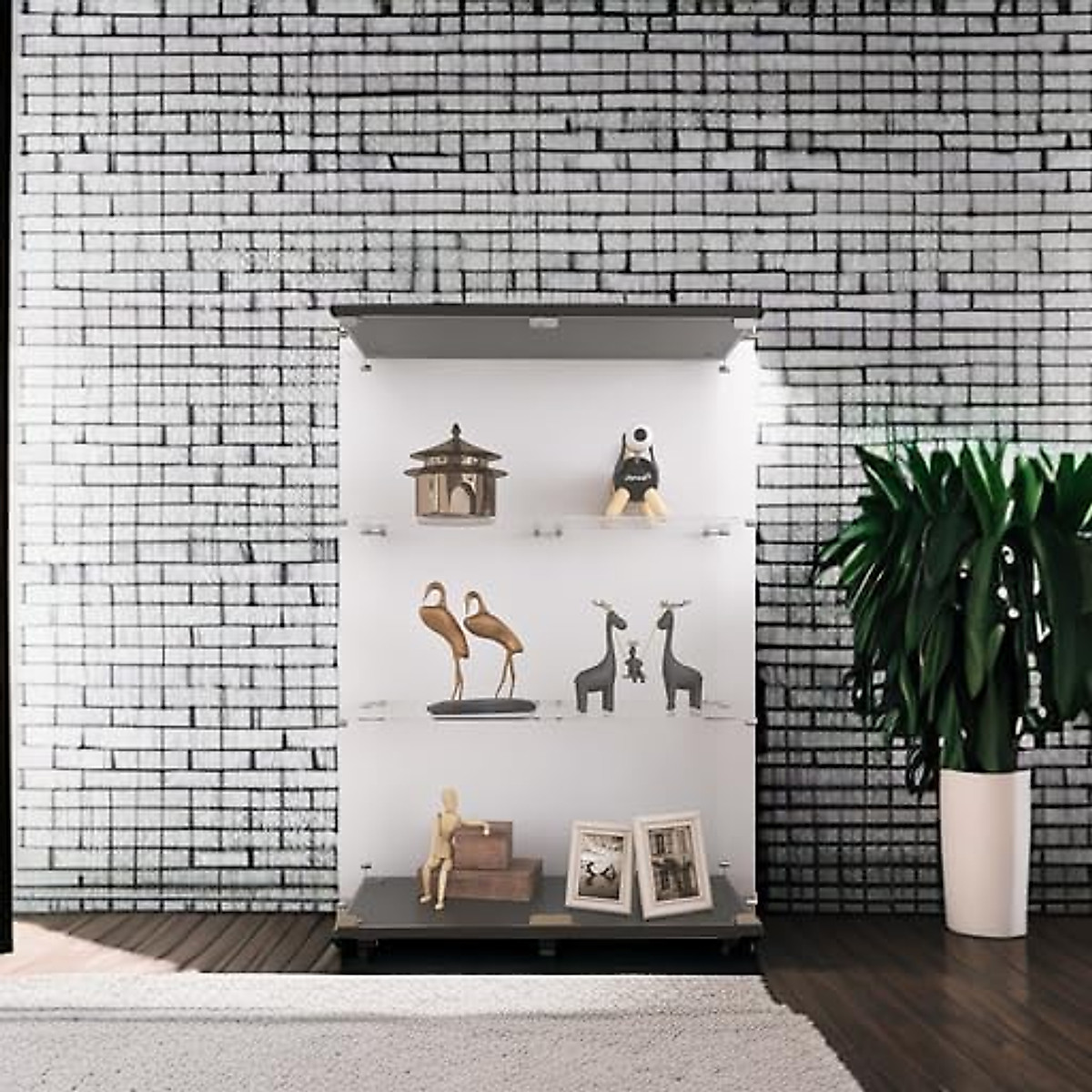 LFT HUIMEI2Y Glass Display Cabinet 3-Shelf with Double Door, Curio Cabinets Fast Installation in 30 Mins, 5mm Tempered Glass Floor Standing Bookshelf for Bedroom, Living Room 49.1”x 31.7”x 14.4” Black