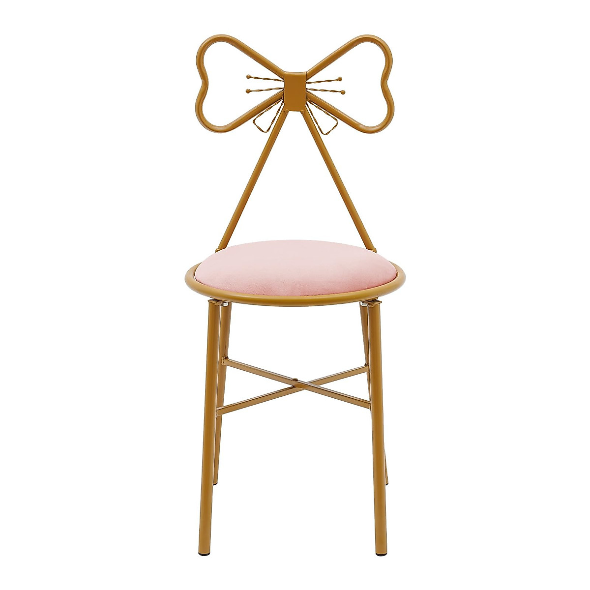 Modern Stylish Pink Bow Shaped Backrest Princess Chair Girls Ladies Creative Makeup Stool with Golden Frame for Indoor Decor Bedroom Coffee Shop