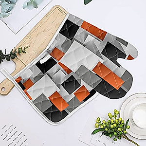 Oven Mitts, Geometric Figures Anti-Skid Cooking Gloves for BBQ, Microwave, Baking, Cooking, Thermal Insulation Hot Pads Potholders for Handling Hot Cookware Orange Grey Black Color Block