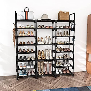 VTRIN Shoe Rack Shoe Organizer 8 Tiers Shoe Rack for Entryway Holds 46-50 Pairs Shoe and Boots Shelf Organizer Storage Organizer Durable Metal with Versatile Hooks Wooden Hammer for Bedroom Black