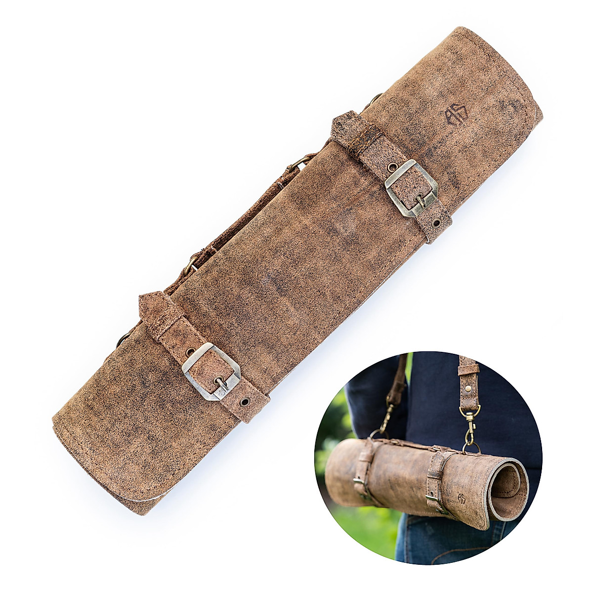 Knife Roll Bag Genuine Leather – knife case for Chefs 7 slots – Leather Knife with handle and strap Frank (Brown-Antique)