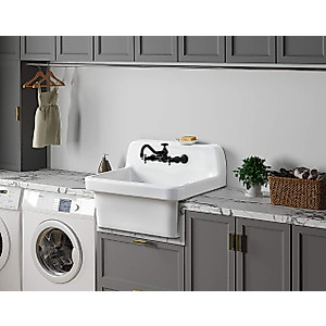 ELLAI 24 Inch White Ceramic Farm Style Wall Mount Utility Sink High Back Wall Mounted Laundry Tub 10 Gallon Farmhouse Sink Slop Sink for Laundry Room, Garage, Kitchen, Bathroom 24" x 19" x 16.5"