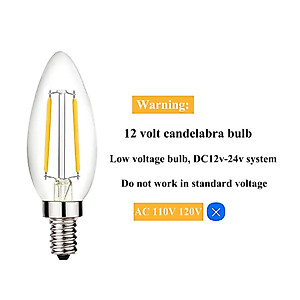 Beonllay 12 Volt LED Candelabra Bulbs E12 Base Light Bulb 25 Watt Warm White 2700K, 12-24 Volt Low Voltage Candelabra Bulbs LED 2W for 12 Volt System, 6 Pack