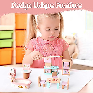 Abellzos Wooden Dollhouse Furniture Set, 24 PCS Miniature Doll House Accessories with Dining Room, Living Room, Bedroom, and Bathroom, Birthday Gift Toys for Toddlers Girls Boys Age 3+