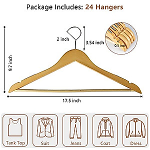 DEDU Wooden Hangers with Shoulder Grooves 24 Pack, Wooden Coat Hangers for Closet Heavy Duty with Non Slip Strip, Suit Hangers with Pant Bar 360° Swivel Hook for Shirt, Weeding Dress, Pants (Natural)