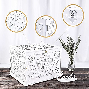 Ywlake Wedding Money Box Holder with Sign, Large Rustic Wood Wooden DIY Envelope Gift Post Card Boxes with Lock Slot for Reception Anniversary Graduation Birthday Party Parties (Mr & Mrs, White)