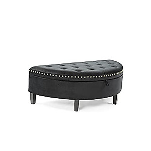 Iconic Home Jacqueline Half Moon Storage Ottoman Button Tufted Velvet Upholstered Gold Nailhead Trim Espresso Finished Wood Legs Bench Modern Transitional Black