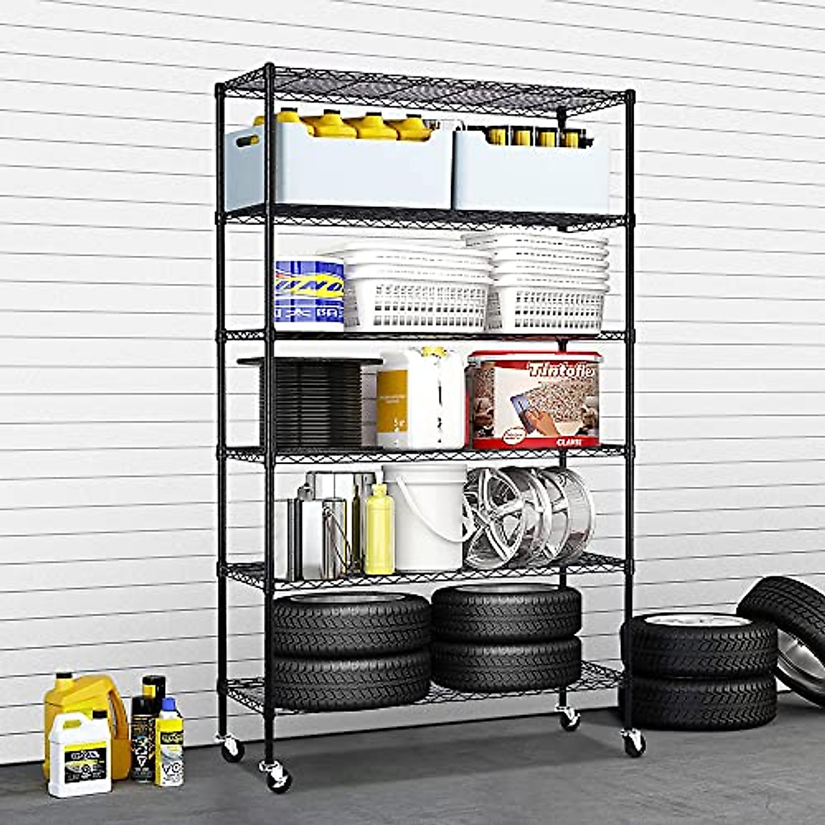 Hudada Garage Shelving 48 inch L×18 inch W×82 inch H Wire Shelving with Wheels Metal Storage Shelves Heavy Duty 6 Tier Adjustable Shelving with Casters for Restaurant Pantry Kitchen Rack - Black