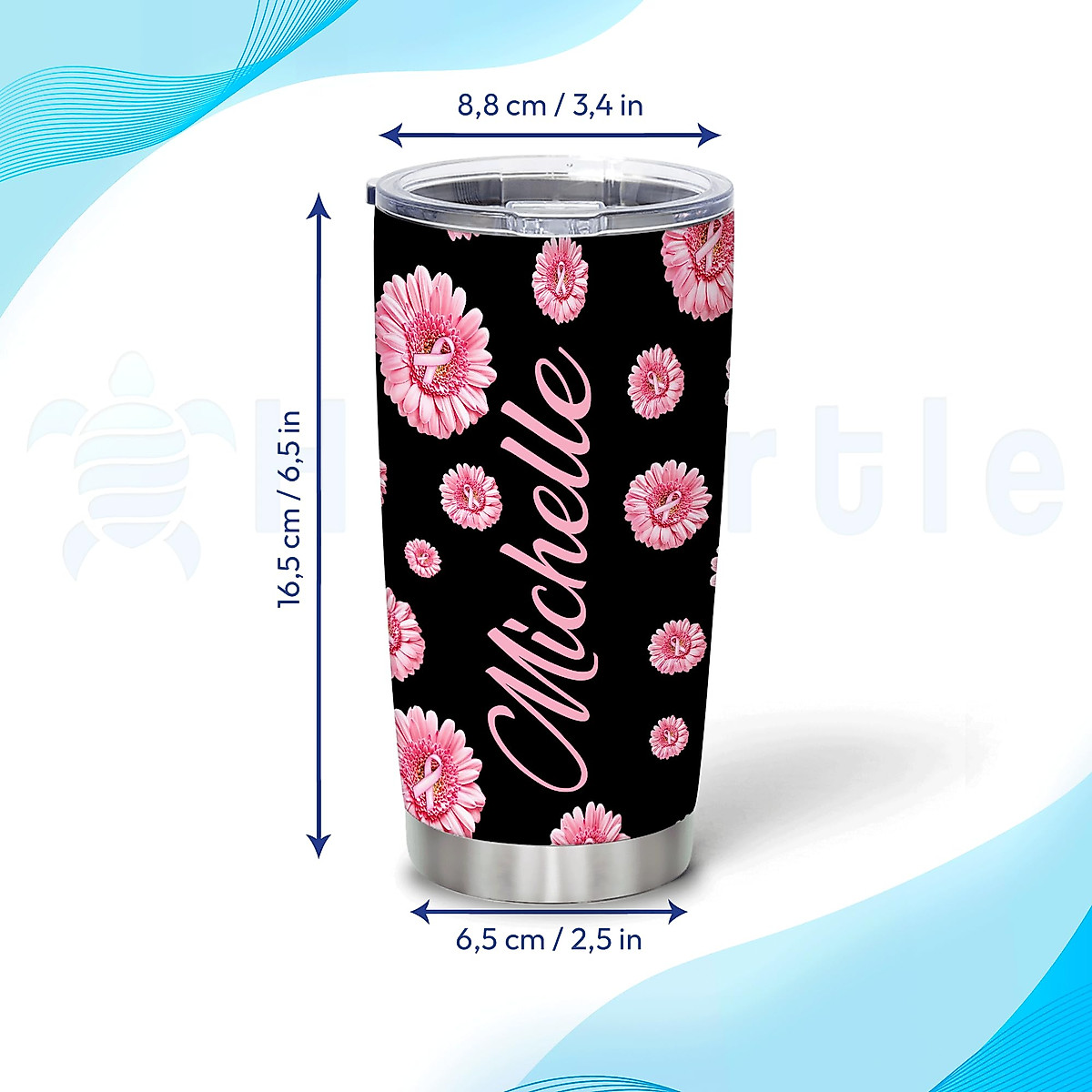 Hyturtle Personalized Breast Cancer Awareness Gifts For Women - Custom Name Stainless Steel Tumbler Coffee 20 oz - Pink Daisy Print Breast Cancer Gifts For Friend, Mom On Awareness Month, Christmas