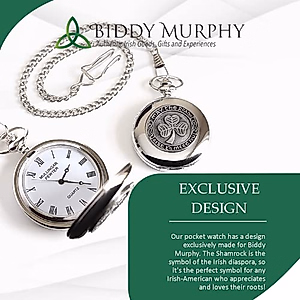 Biddy Murphy Shamrock Pocket Watch Made in Ireland Shamrock Pewter Medallion Stainless Steel Case with Chain Exclusive Made by Mullingar Pewter on Co. Westmeath, Ireland