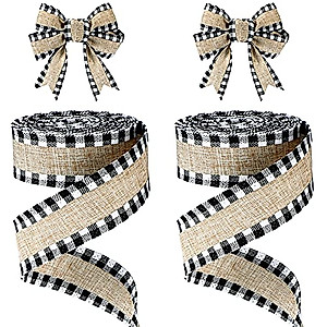 2 Rolls Christmas Buffalo Plaid Wired Edge Ribbons Christmas Tree Burlap Fabric Craft Ribbon Wrapping Ribbon with Checkered Edge, 216 Inch (Black and White,1.5 Inch Width)