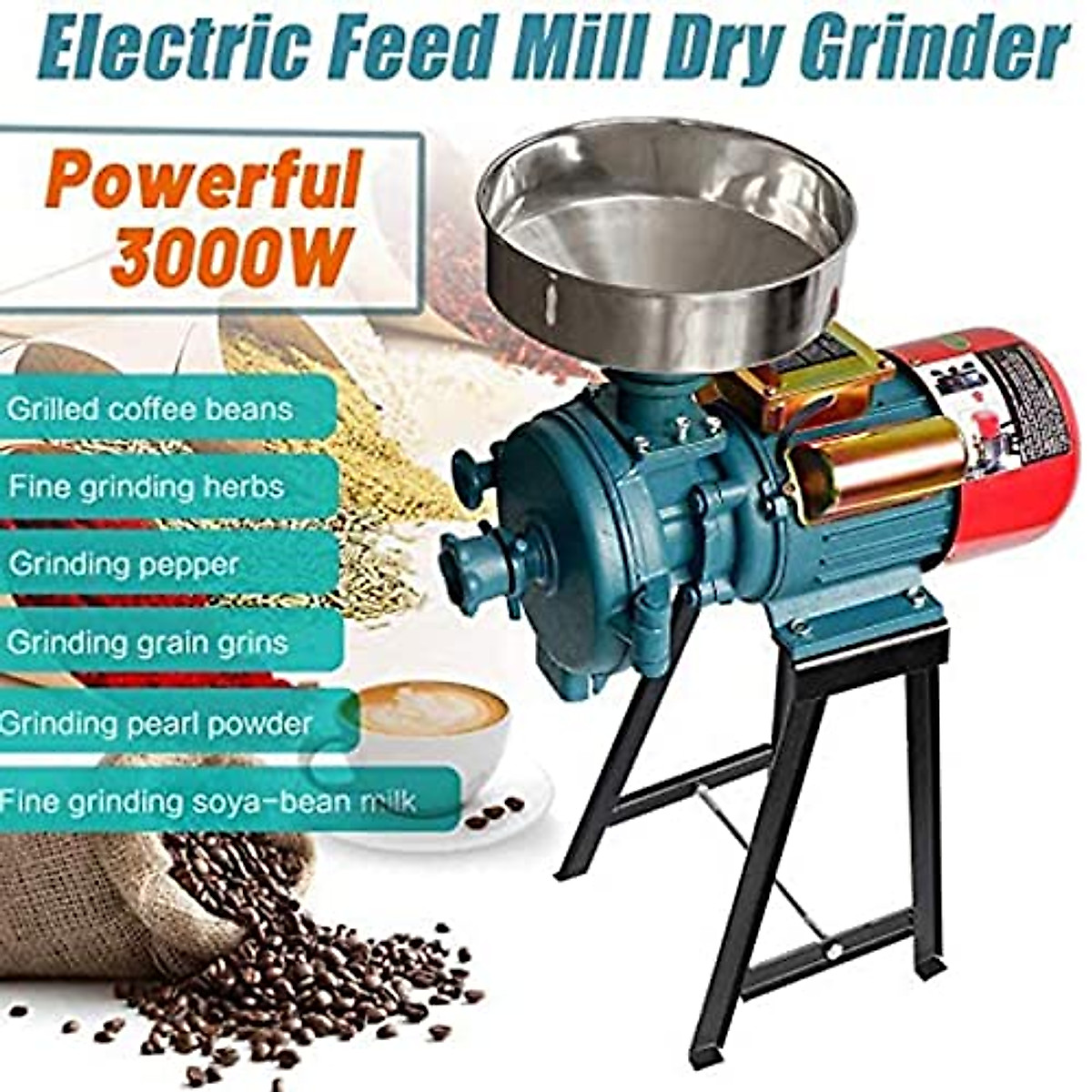 Electric Grain Mill, 3000W 110V Heavy Duty Mill Grinder Heavy Duty Grain Grinder Commercial Electric Feed Mill Dry Cereals Grinder Corn Grain Coffee Wheat Feed Machine With Funnel