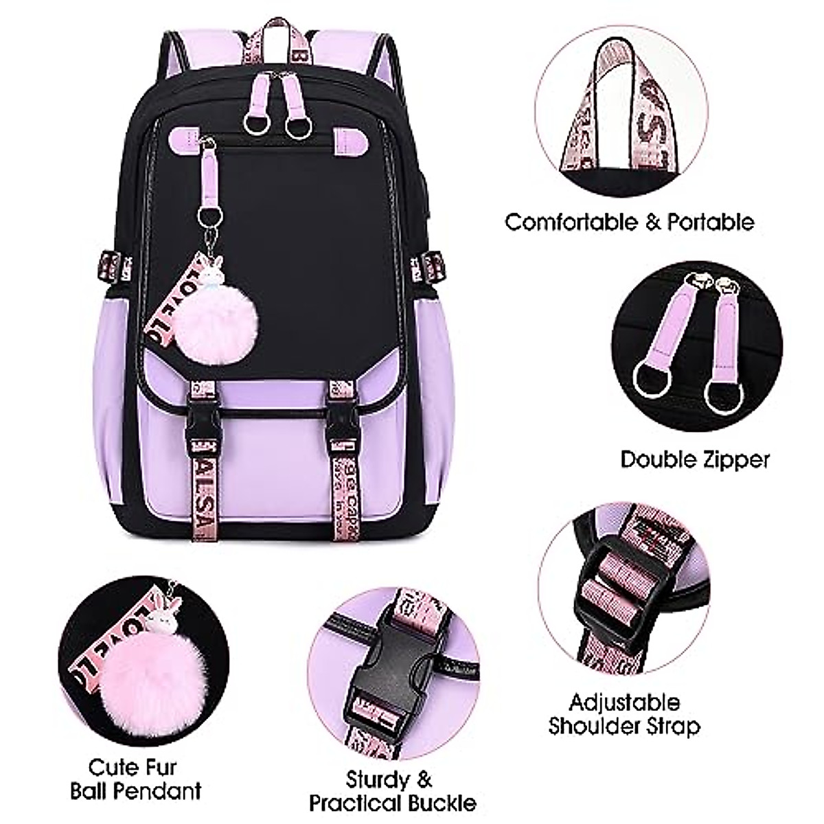 Bevalsa School Backpack for Girls, Girls Backpack with Lunch Box, Bookbag for Girls Kids Elementary Middle High School College Student 21L Casual Daypack Children Schoolbag with USB Charging Port (Purple)