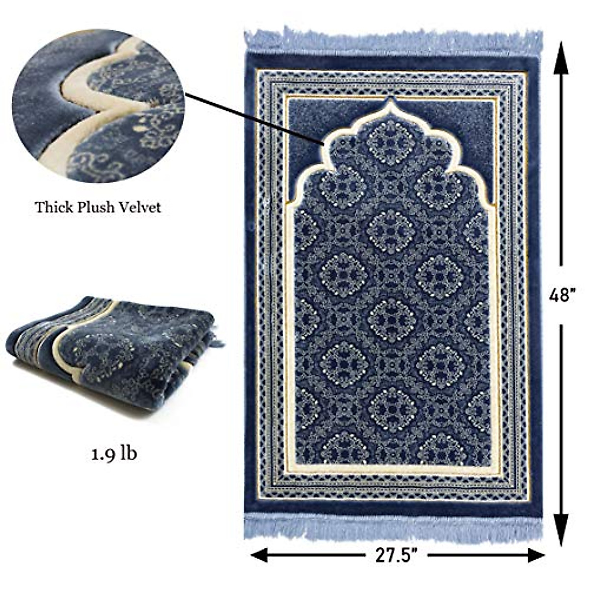 Modefa Turkish Islamic Prayer Rug - Soft Velvet Janamaz Praying Carpet - Comfortable Muslim Praying Mat for Men & Women - Ramadan or Eid Gift - with Kufi Prayer Cap - Elegant Swirl (Blue)
