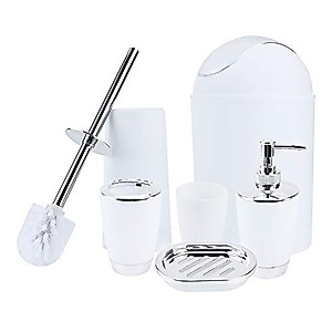 Yosoo Health Gear Bathroom Accessories Set, White Bathroom Accessories Set, 6Pcs Plastic Bathroom Accessory Set with Toothbrush Holder Cup Soup Holder Hand Sanitizer Bottle Toilet Brush Bin