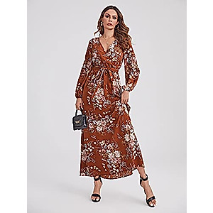 Floerns Women's Summer Wrap V Neck Long Sleeve Belted Floral Print Maxi Dress Rust Brown S