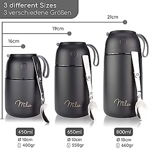 Milu Soup Thermos for hot food | 15oz Insulated Food Container for Kids Adults | Stainless Steel Food Jar with Spoon | 12 Hours Hot : 24 Hours Cold - Black 15 oz