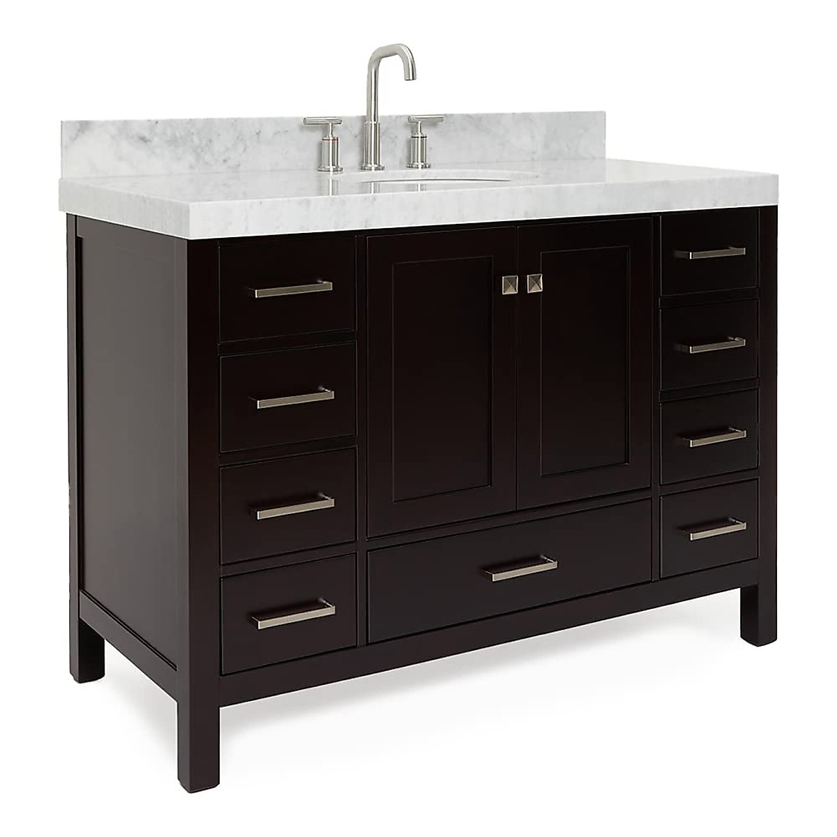 ARIEL Bathroom Vanity 48" Espresso with 2" Edge Italian Carrara Marble Countertop & Backsplash, Center Oval Sink, 2 Soft Closing Doors, 9 Full Extension Dovetail Drawers, Brushed Nickel