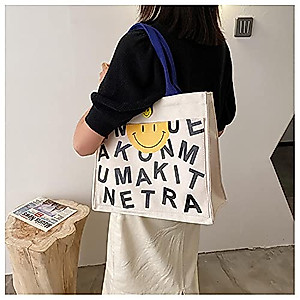 ROUGH & RAW, Tote Bag with Letter Smile Colorful Straps Shoulder Bag Canvas Single Shoulder Smile Face Bag Women`s Handbag Shopping Bags