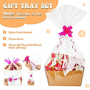 Tuanse 30 Pcs Christmas Basket for Gift Empty DIY Bulk Gift Basket Kit with Handle Kraft Cardboard Tray with 30 Bag 30 Bow Market Tray for Birthday Wedding Party Gift(Brown,12.6 x 9.8 x 5.9 in)