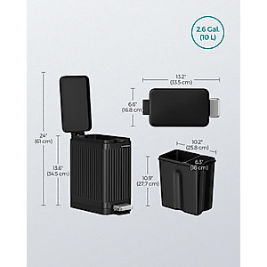 SONGMICS Bathroom Trash Can, 2.6-Gallon (10 L) Trash Bin with Lid, Slim for Small Spaces, Stainless Steel Garbage Can, Soft Close, Black ULTB562B01