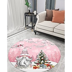 Christmas Gnomes Fluffy Round Area Rug Carpets 4ft, Plush Shaggy Carpet Soft Circular Rugs, Non-Slip Fuzzy Accent Floor Mat for Living Room Bedroom Nursery Home Decor Xmas Snowy Tree Bird Pink