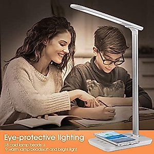 Fasiphe LED Foldable Desk Lamp with Wireless Charger and USB Port, Touch Control, Cold and Warm with 3 Levels Brightness Eye-Protective Reading Lights, Table Lamps for Home Office White