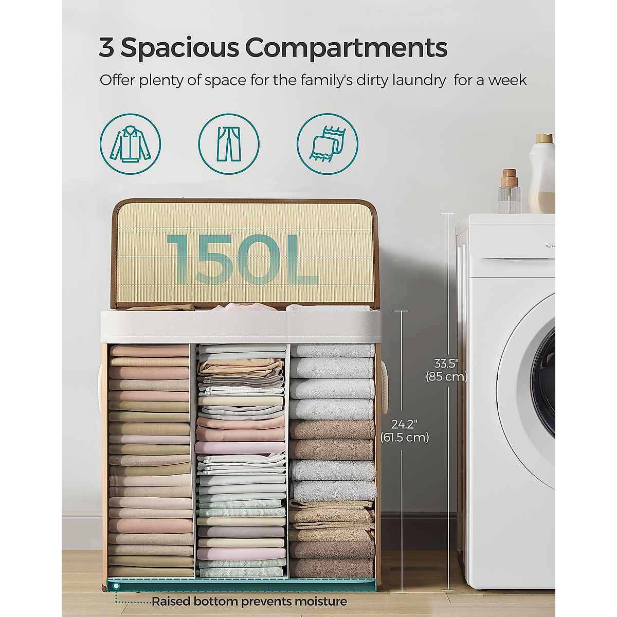 SONGMICS Laundry Hamper, 39.6 Gallons (150L), 3-Section Laundry Basket, Laundry Hamper with Lid, Bamboo, Foldable, Removable and Machine Washable Liner, for Laundry Room, Bedroom, Natural ULCB091N01
