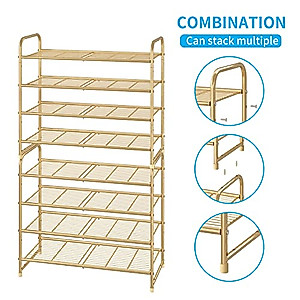 Simple Trending 4-Tier Stackable Shoe Rack, Expandable & Adjustable Shoe Organizer Storage Shelf, Wire Grid, Golden Yellow