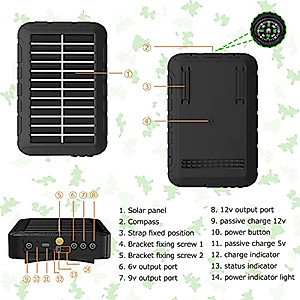 VANBAR Trail Camera Solar Panel, Solar Battery Charger Kit 6V 9V 12V with Compass, 4000mAH Rechargeable Battery IP66 360 Hunting Accessory Deer Feeder