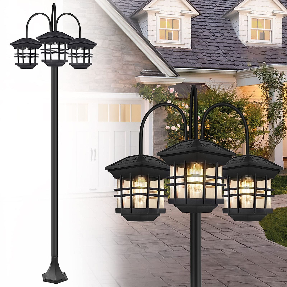 Aluminum Classic Black Solar Lamp Post Lights - 3-Head Waterproof Outdoor Street Lights for Backyard, Garden, Driveway, Lawn (LED Bulbs Included)