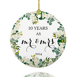 10 Year Anniversary Ornament 2024, 10th Anniversary Collectible Holiday Christmas Ornaments, 10 Year as Mr and Mrs Gift for Couple, 2.9" Ceramic 10th Wedding Anniversary Ornament