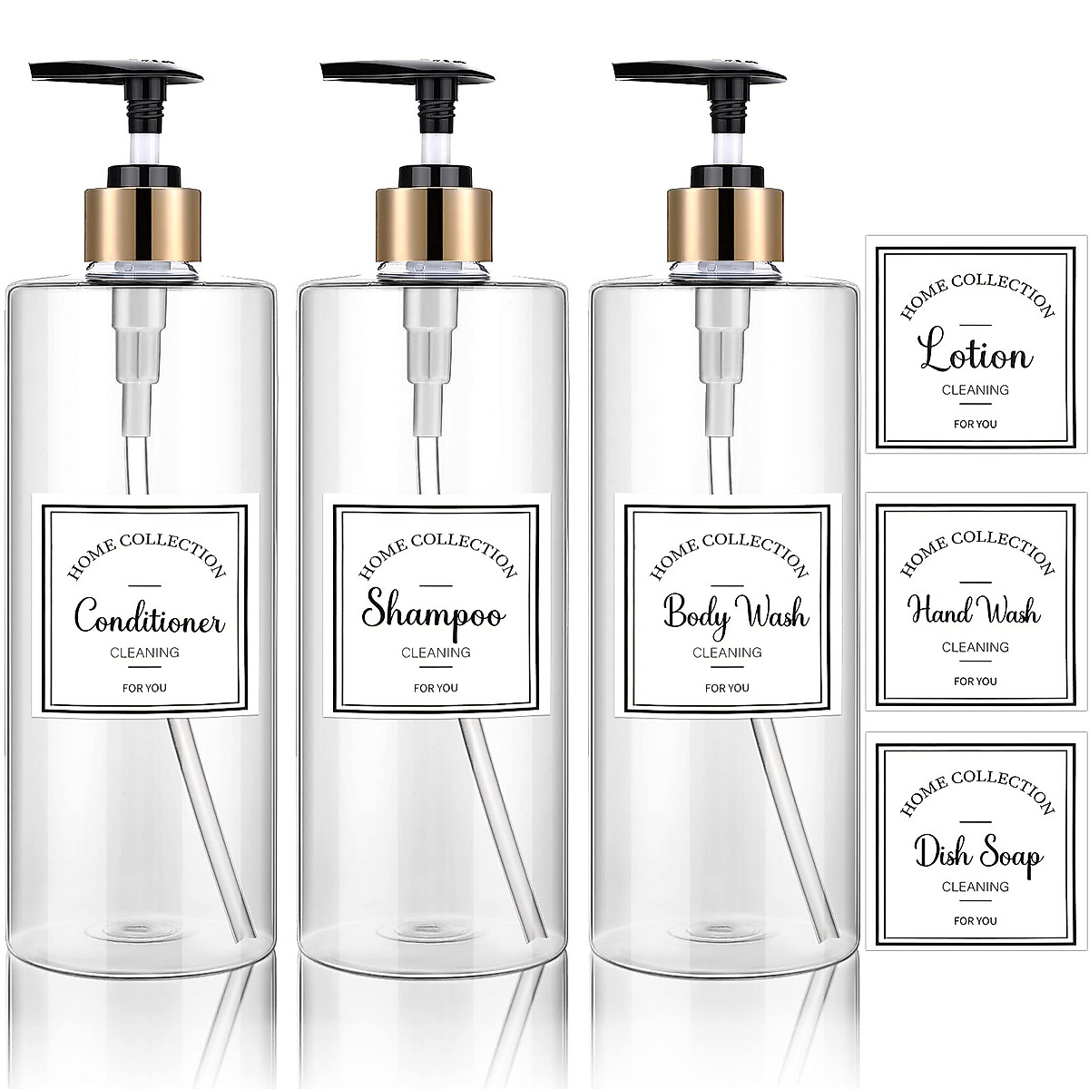 3 Pieces Pump Bottle Set, 25 oz Shampoo and Conditioner Dispenser, Plastic Refillable Soap Dispenser with 6 Label Sticker for Bathroom Lotion Body Wash(Black and Gold)