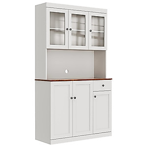 Cozy Castle Tall Kitchen Pantry Cabinet with Microwave Shelf, Modern Large Freestanding Sideboard Cupboard Kitchen Hutch Cabinet with Storage Countertop and Drawer for Dining Room, Living Room, White