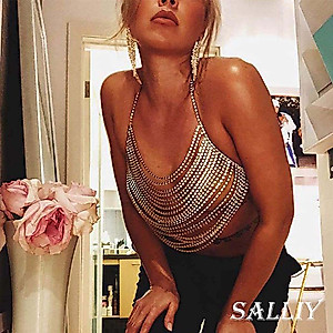 Salliy Boho Body Chain Bra Gold Sexy Rhinestone Bikini Bra Body Halter Backless Sequins Chain Bra Beach Body Accessories Jewelry for Women and Girls (Gold Bra)