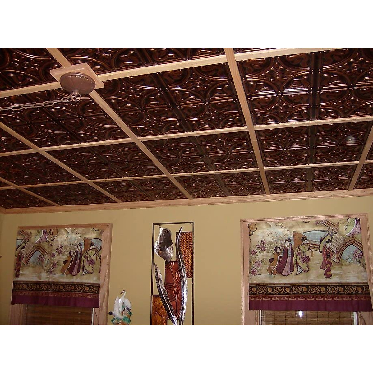 Faux Tin Glue Up Ceiling tile #148 Antique Copper pack of 10 2'X2' tiles (~ 40 sq.ft). Easy to install decorative ceiling tiles. Gorgeous antique look PVC tiles. Great as a backdrop.