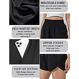 BMJL Women's Running Shorts Elastic High Waisted Shorts Pocket Sporty Workout Shorts Quick Dry Athletic Shorts Pants Summer Clothes(L,Black)