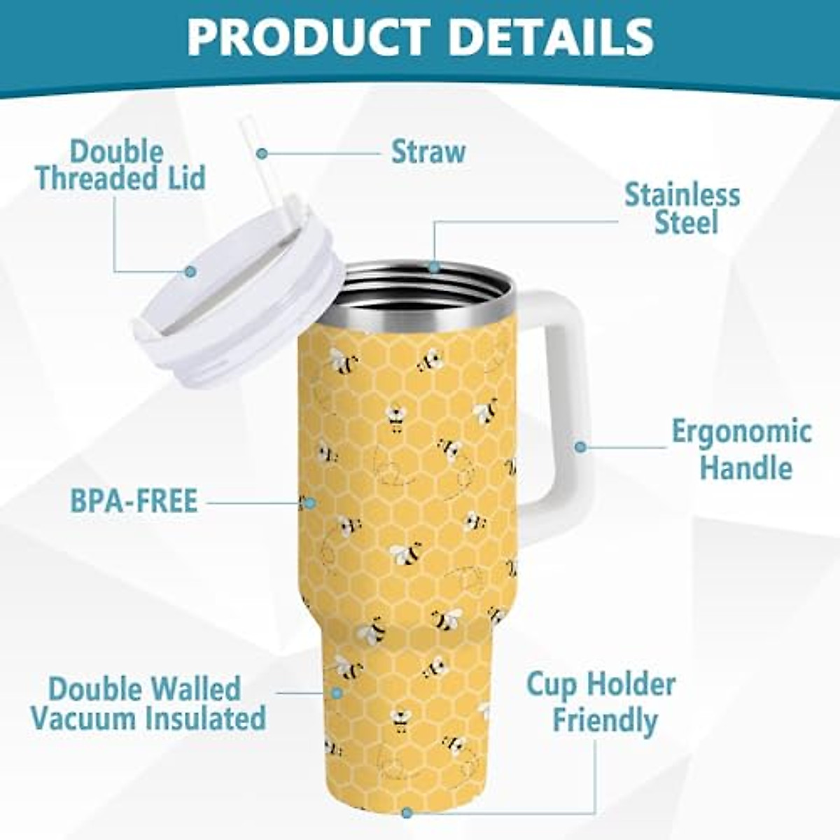 Slewiaeky Tumbler with Handle 40 oz Bees Honey Yellow Travel Mug with Lid and Straw Stainless Steel Vacuum Insulated Water Bottle Cup for Iced Tea Coffee Cold Beverages Cup Holder Friendly