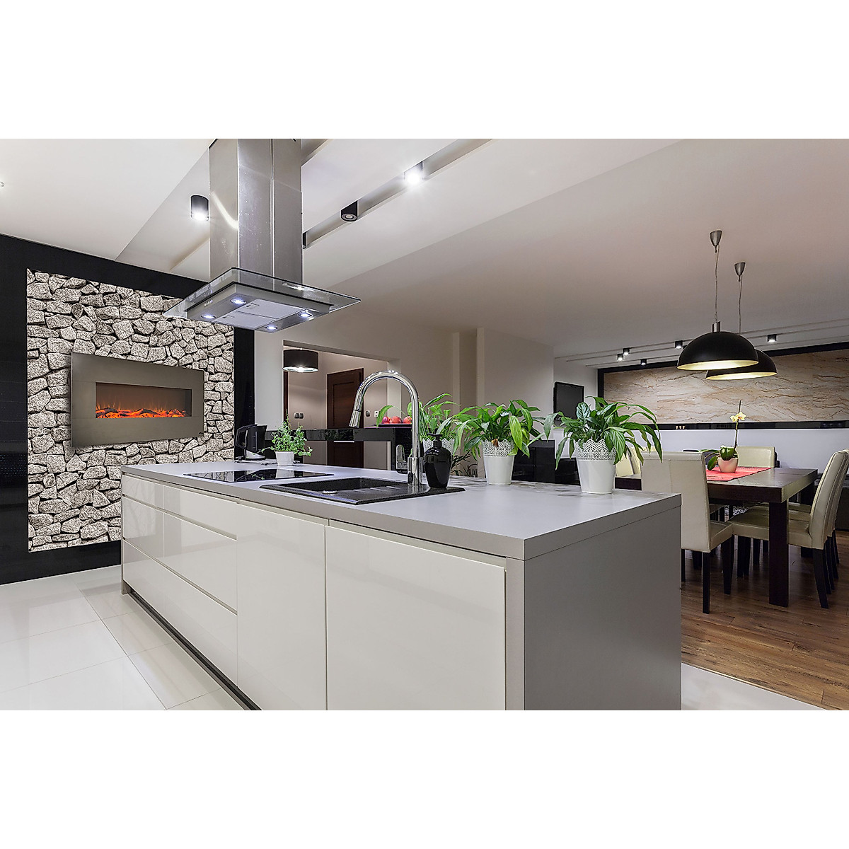 Touchstone 80026 - Stainless Electric Fireplace - (Stainless) - 50 Inch Wide - On-Wall Hanging - Log & Crystal Included - 5 Flame Settings - Realistic Flame - 1500/750W - Timer & Remote