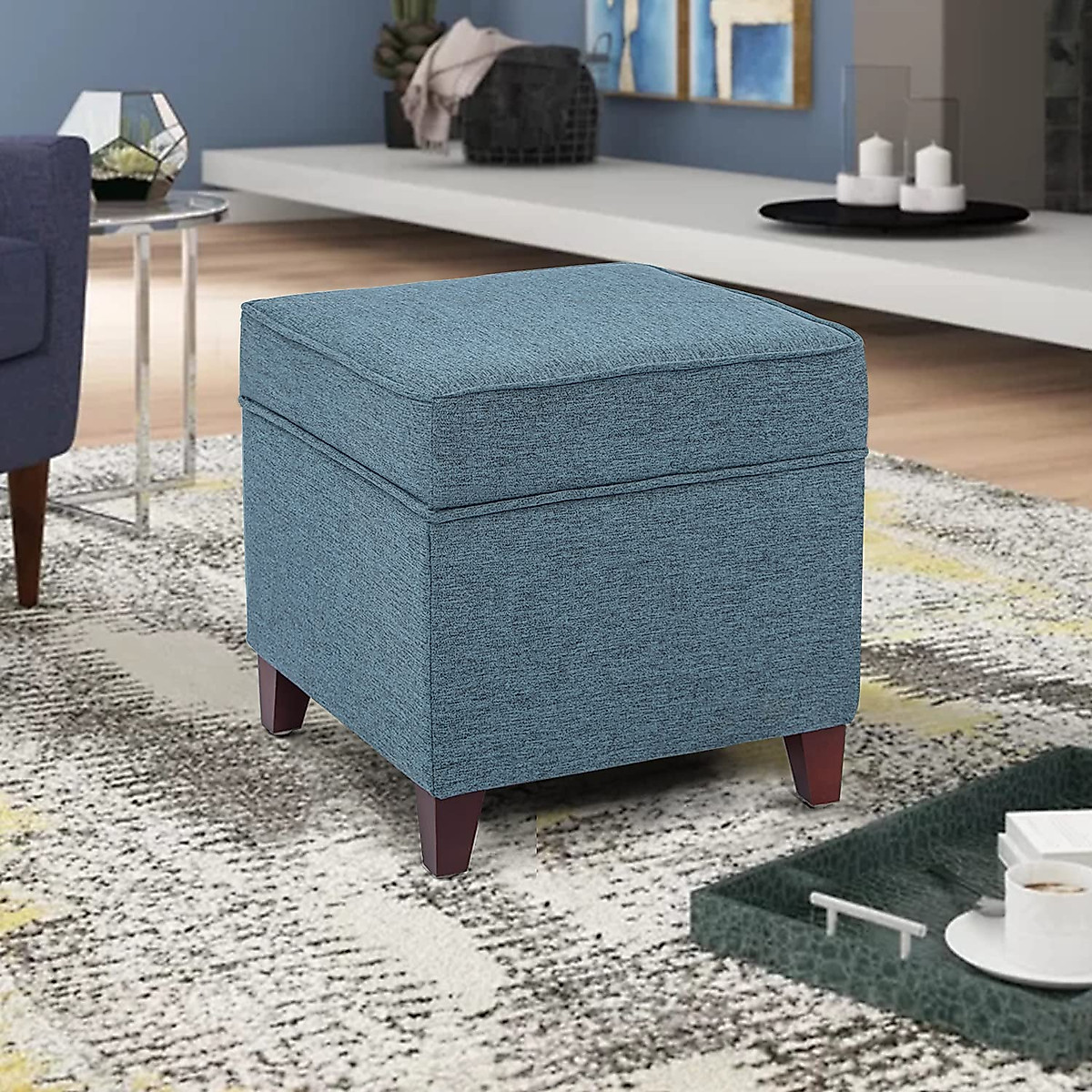 Adeco 17" Square Ottoman with Storage- Small Storage Ottoman Foot Rest with Hinged Lid- Blue Faux Linen Fabric Upholstered Footstool with Sturdy Wood Legs
