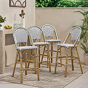 Christopher Knight Home 314450 Kinner Outdoor Barstool, Black + White + Bamboo Print Finish