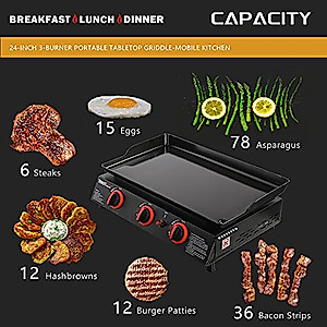 Royal Gourmet PD1303A 24-Inch 3-Burner Portable Tabletop Griddle, 24,000 BTU Propane Gas Grill Tabletop Usa for Patio, Deck, Backyard, Tailgating, Camping and Picnic, Black