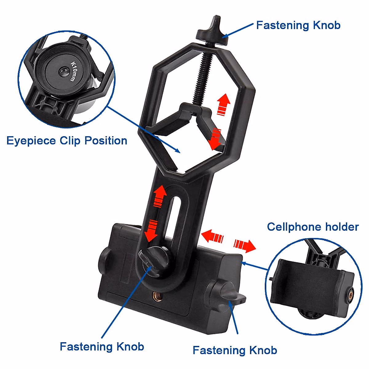 Telescope Adjustable Phone Scope Mount, Smartphone Adapter Mount for Monoculars, Binoculars and Microscopes, Fit Almost All Brands of Smartphones
