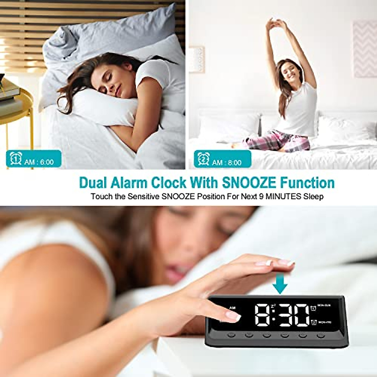 Alarm Clocks for Bedrooms with Charger, Bedside Alarm Clock with Wireless Charging Station, USB Port, Dimmer, Adjustable Volume, Electric Alarm Clock with Battery Backup for Heavy Sleepers Adult Teens