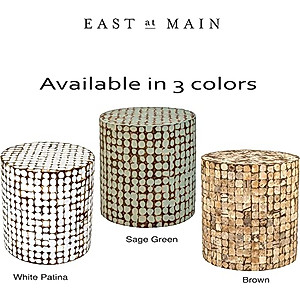 East at Main Round Side Table - 16”Dia x 16.5” h Living Room, Entryway, Small Spaces, Bedside Tables - Real Coconut Shell Mosaic Inlaid, Pre-Assembled, White Patina Finish