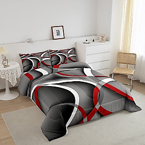 Stripes Comforter Set Queen Kids Teens Gray Black Red Swirls Room Decor Abstract Stripes Circle Bedding Set,Soft Lightweight Modern Simple Style Duvet,Youth Young Man Quilt,1 Comforter + 2 Pillowcase